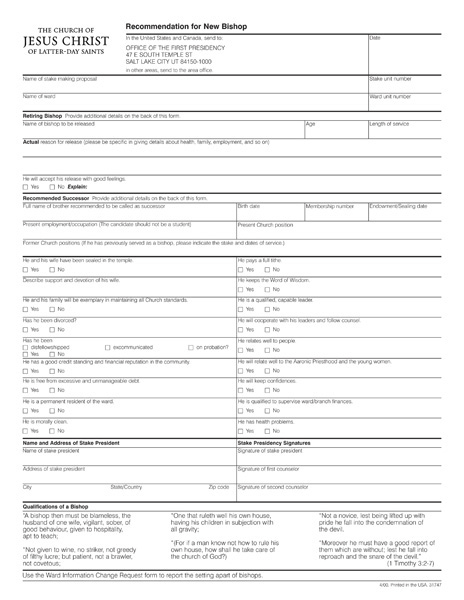 Recommendation for New Bishop