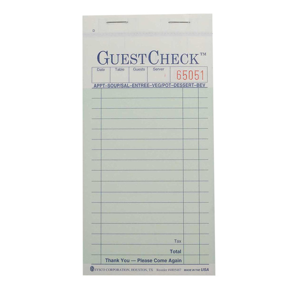 Guest Check No-carbon 2 Part Green