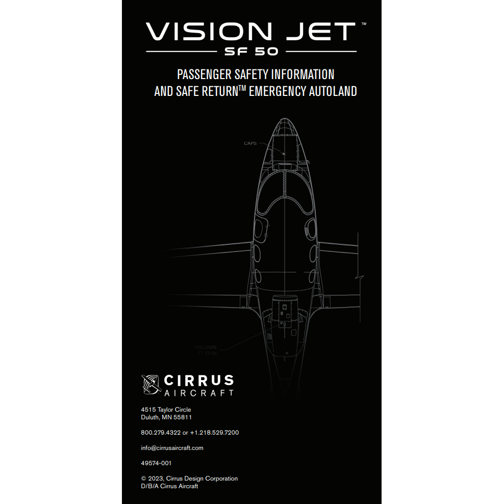 Vision Jet Passenger Safety & Safe Return Card (49574-001) | Cirrus Store