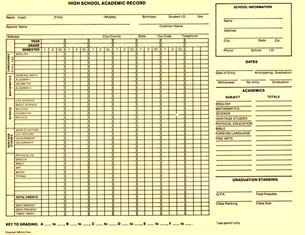 Academic Record, Secondary | BJU Press Homeschool