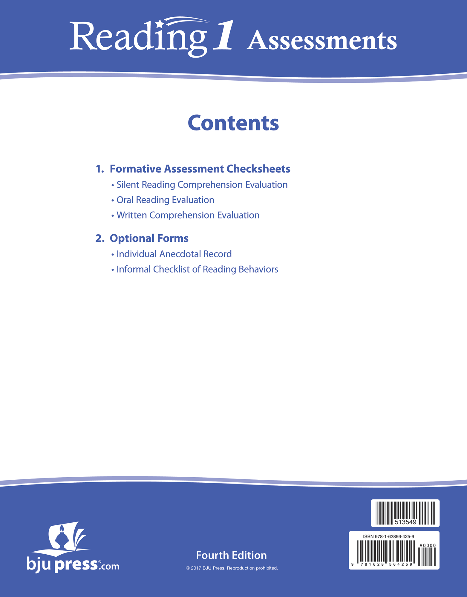 Reading 1 Assessments and Answer Key, 4th ed. | BJU Press