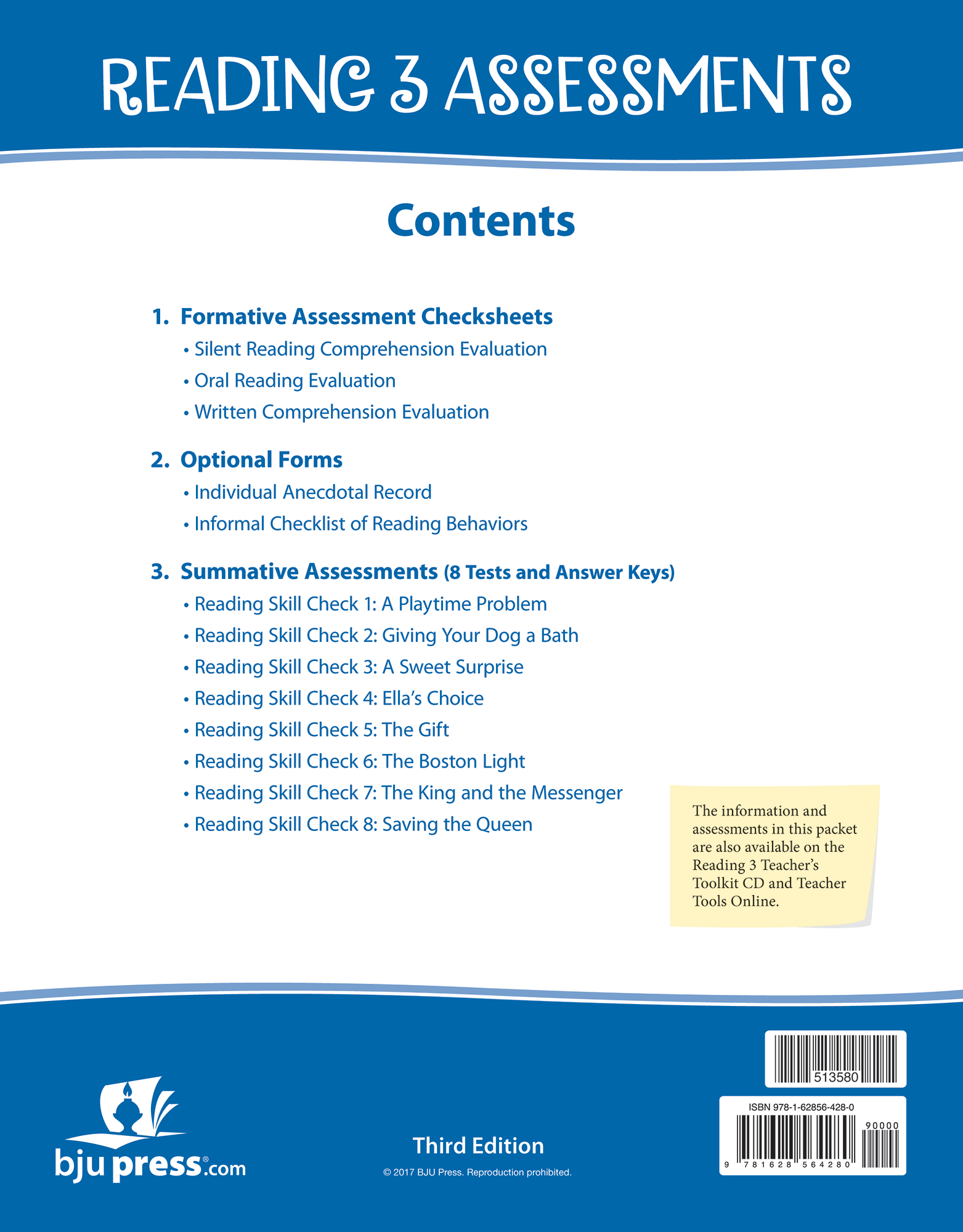 Reading 3 Assessments and Answer Key, 3rd ed. | BJU Press